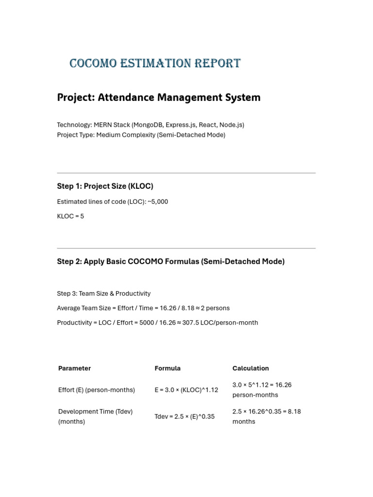 COCOMO Estimation for Attendance System | PDF