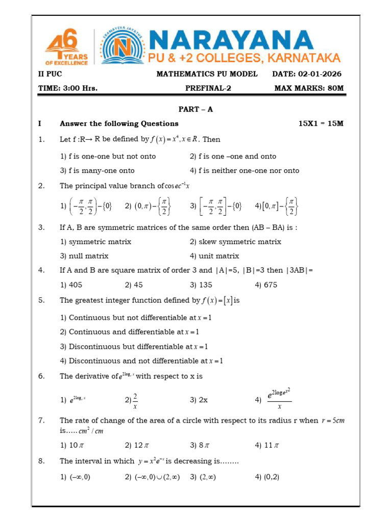 II PUC Mathematics Model Paper 2026 | PDF | Matrix (Mathematics ...