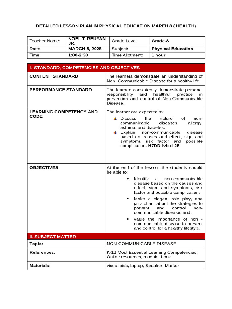 Non-Communicable Diseases Lesson Plan | PDF | Allergy | Diseases And ...