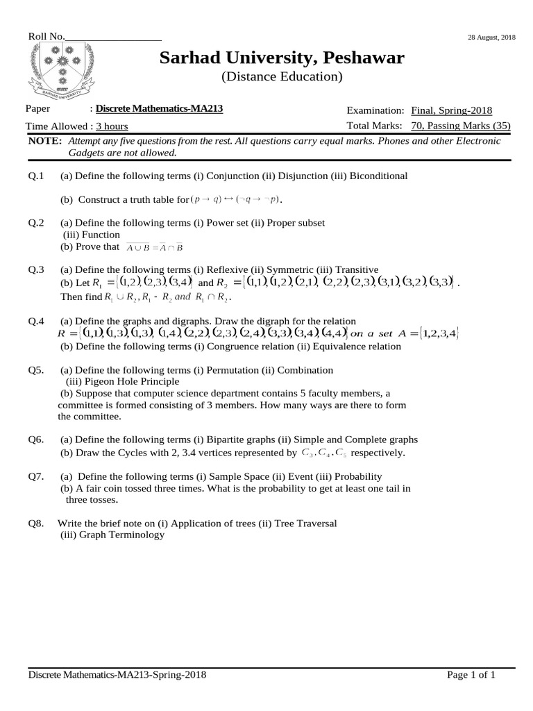 Https Www.suit.Edu.pk v2 Uploads Past Papers Discrete Mathematics-MA213 ...