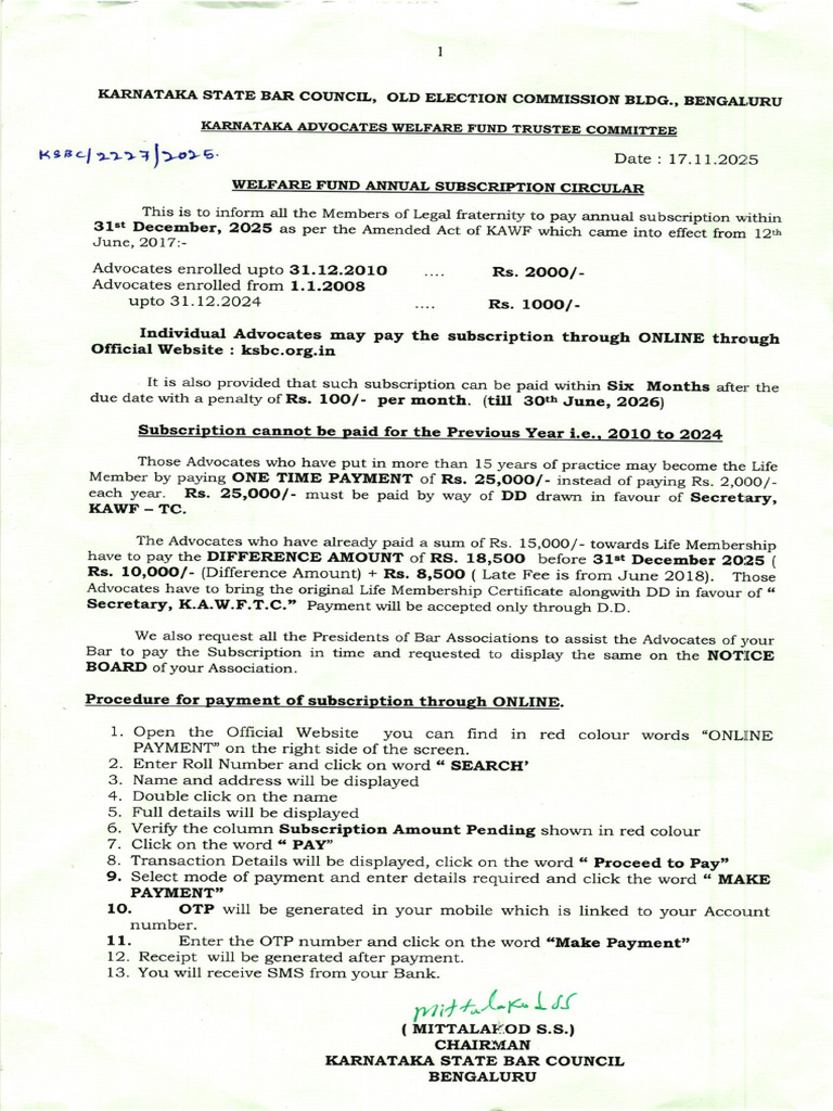 Welfare Fund Subscription Circular | PDF | Payments