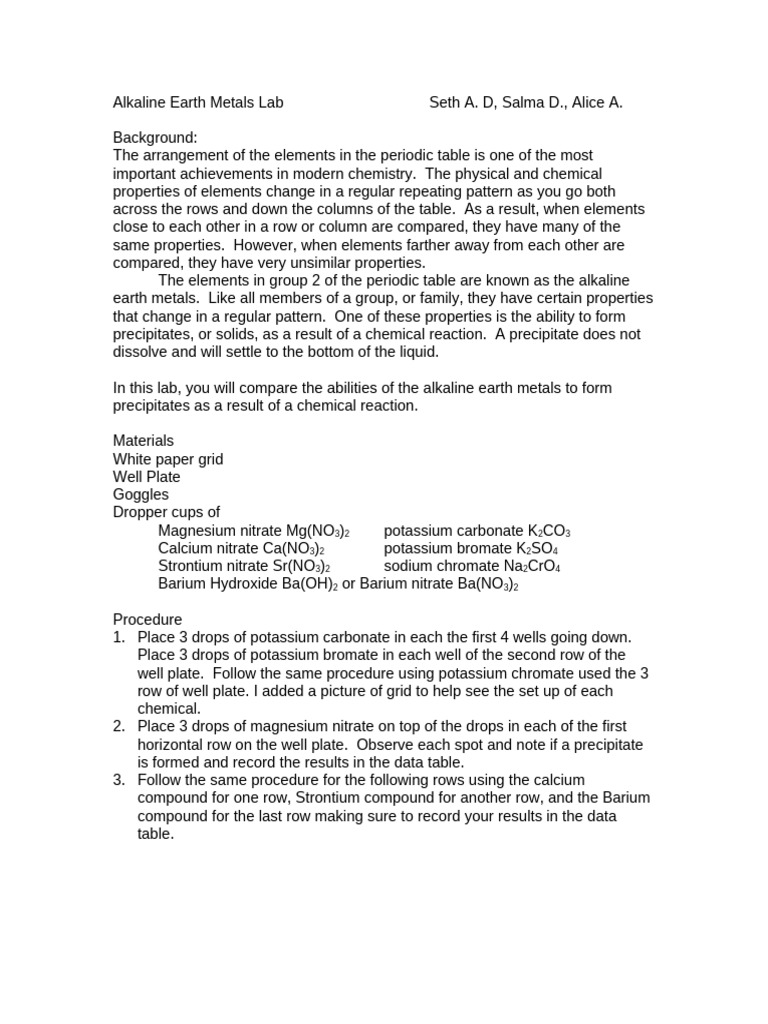 Alkaline Earth Metals Precipitation Lab | PDF | Chemical Elements ...