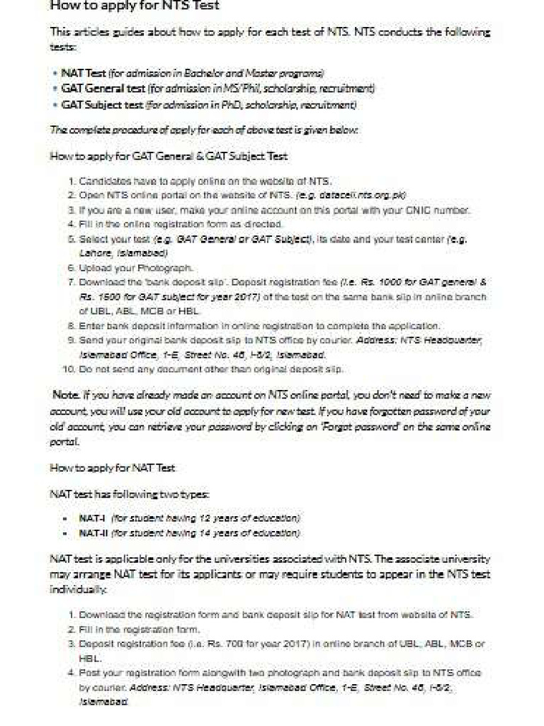 How to Apply for Nts Test | PDF
