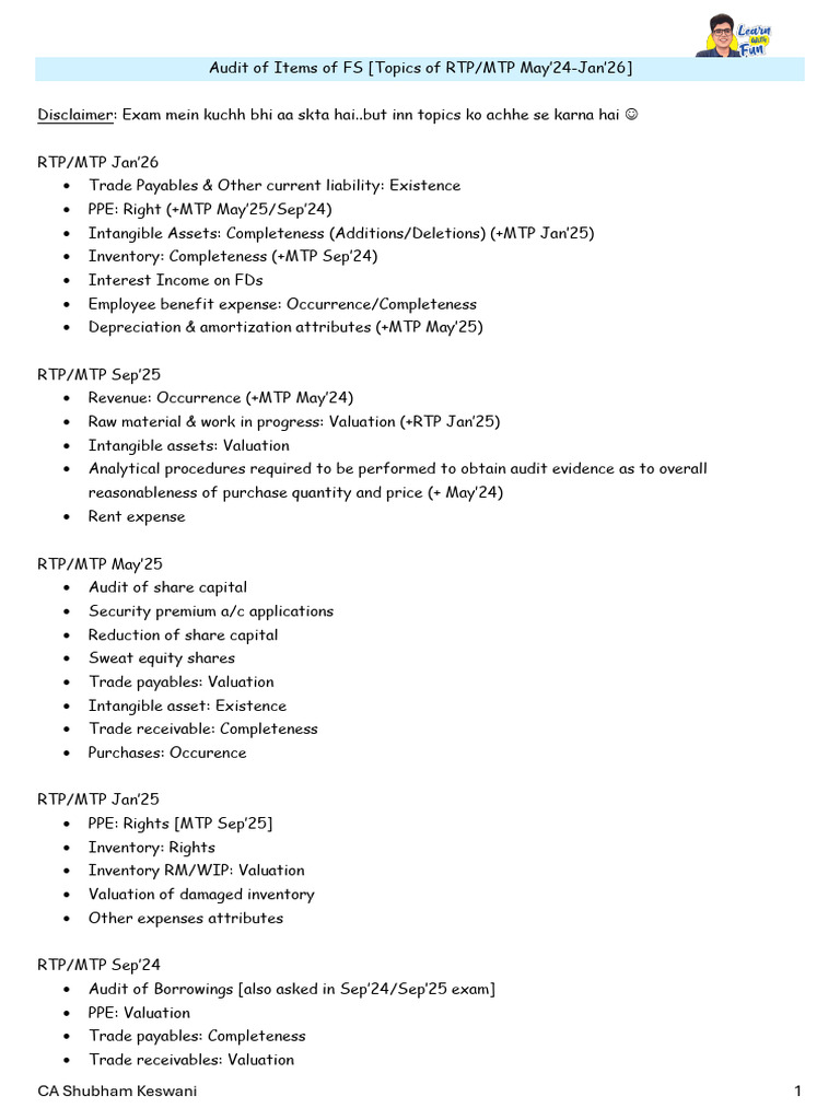 Audit Topics for CA Exams 2024-2026 | PDF