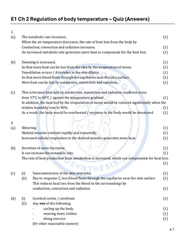 Body Temperature Regulation Quiz Answers | PDF | Vasodilation | Heat ...