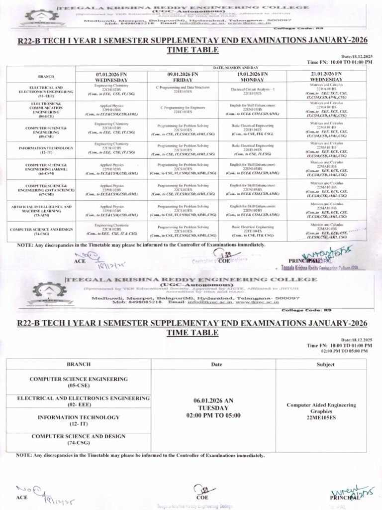 r22 Btech i Year i Sem Supplymentary End Exam Time Table -Jan-2026 | PDF