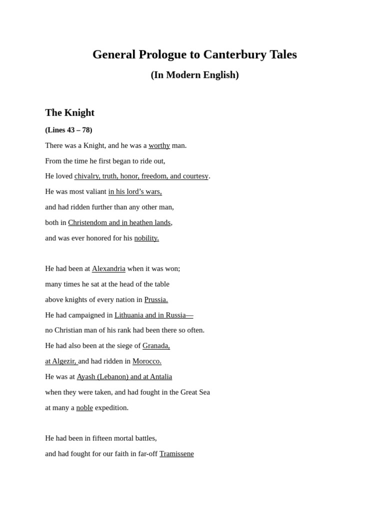 Characters in Canterbury Tales Prologue | PDF | Knight
