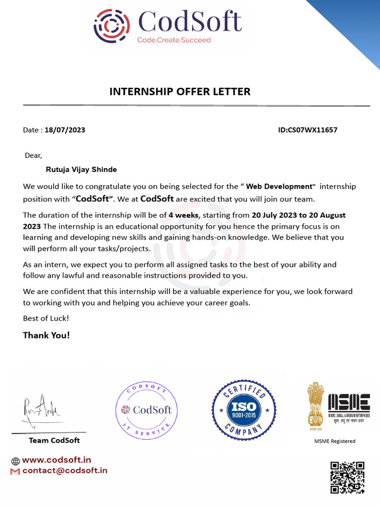 Web Development Internship Offer Letter | PDF
