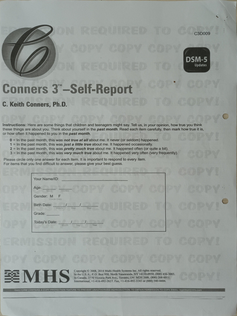 Conners Self-Report Scoring Key | PDF