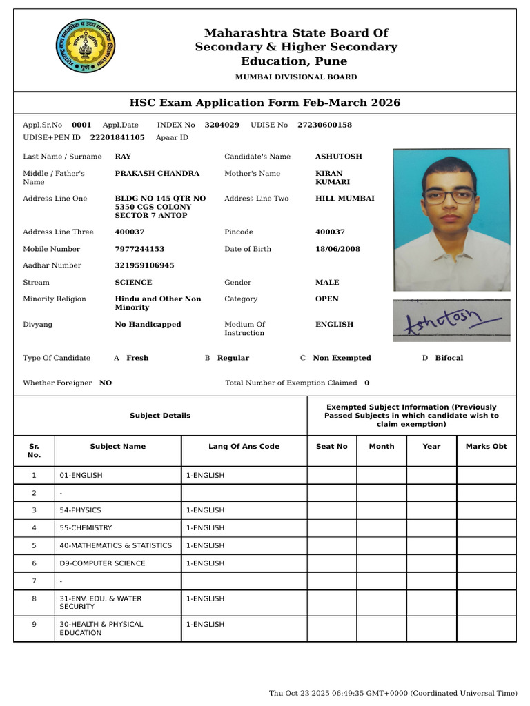 HSC Exam Application Form 2026 Mumbai | PDF | Schools | Qualifications