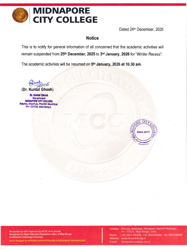 Midnapore City College Winter Recess Notice | PDF