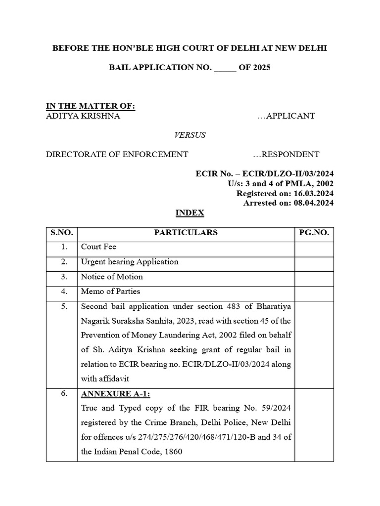 Bail Application for Aditya Krishna, 2025 | PDF | Bail | Arrest