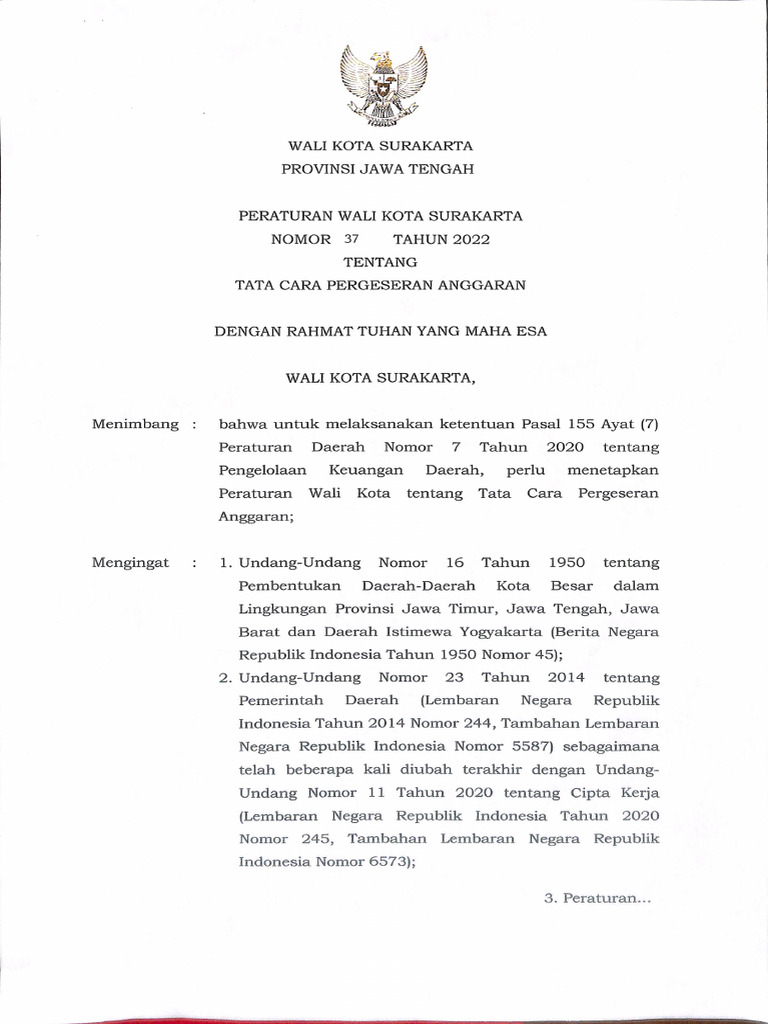 Perwali No.37 Tahun 2022 Tentang Tata Cara Pergeseran Anggaran | PDF