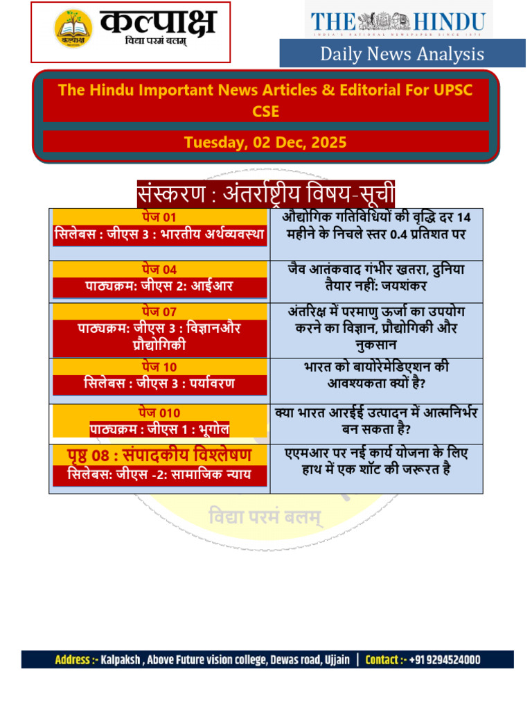 Kalpaksh IAS Hindi 2 Dec 2025 the Hindu Imp News Articles and Editorial | PDF