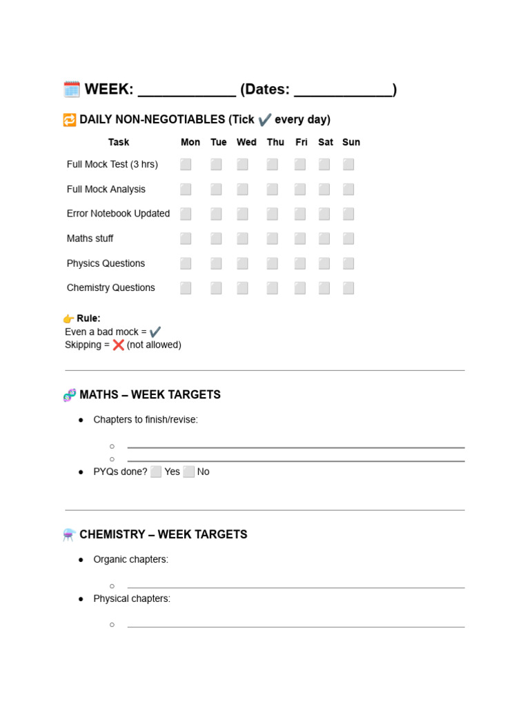 Weekly Study Planner for Mock Tests | PDF