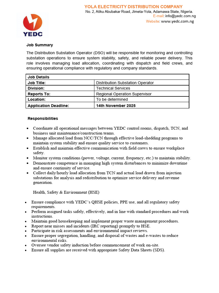 Distribution Substation Operator Job YEDC | PDF | Safety | Regulatory ...