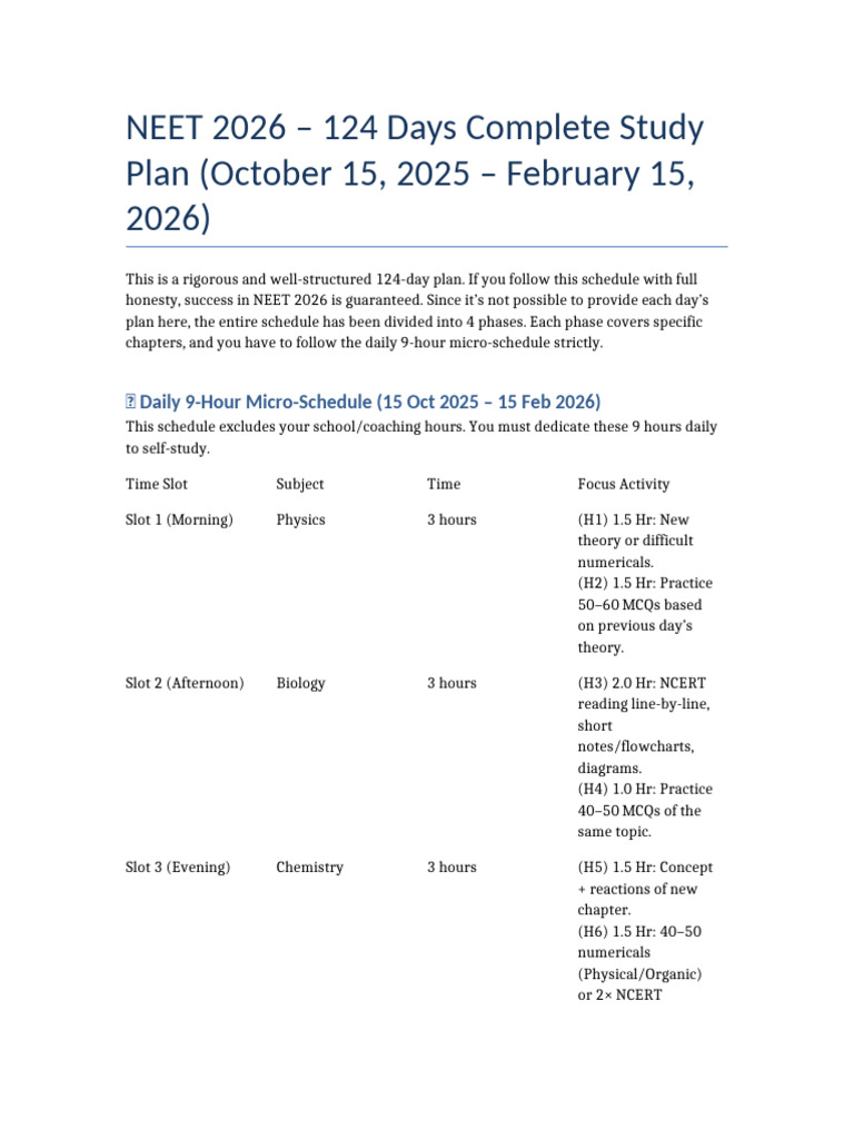 NEET 2026: 124-Day Study Plan Guide | PDF | Chemistry | Atoms