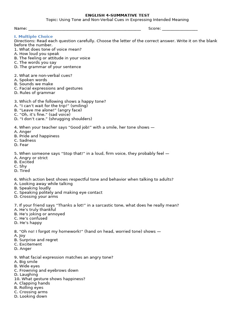 Tone and Non-Verbal Cues Test | PDF | Nonverbal Communication | Anger