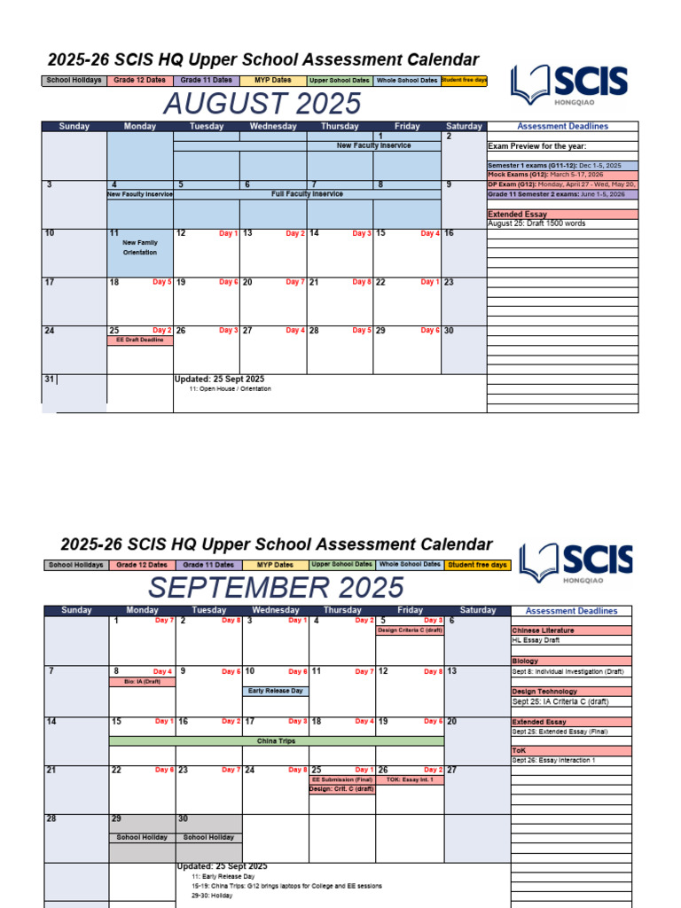 2025-26 Upper School Assessment Calendar | PDF | Academic Term ...