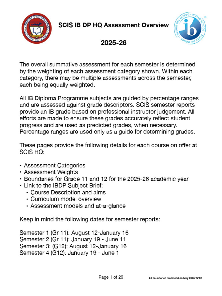 SCIS IB DP Assessment Overview 2025-26 | PDF