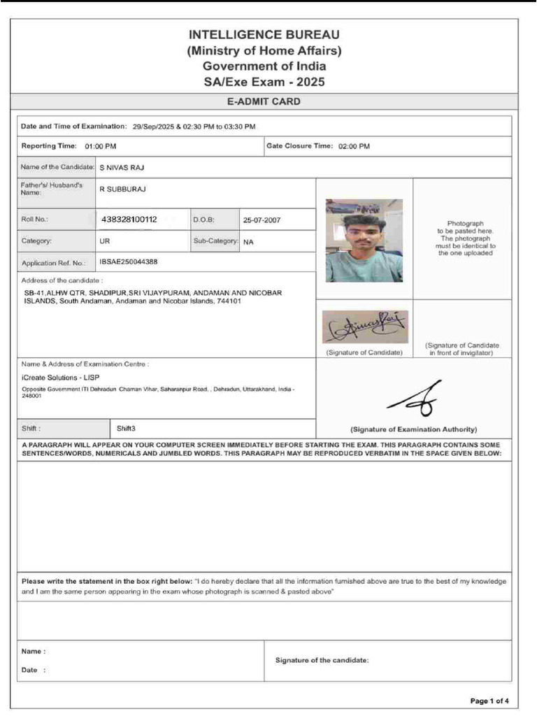 Ib Admit Card | PDF