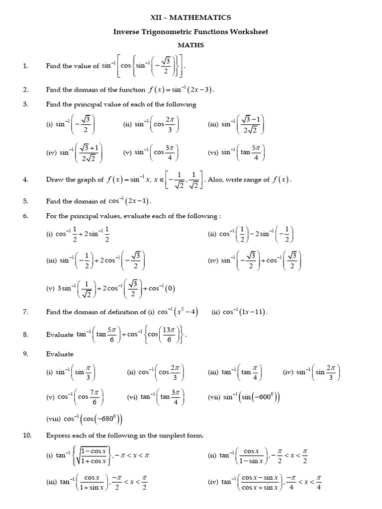 Inverse Trigonometric Functions Worksheet | PDF | Function (Mathematics ...