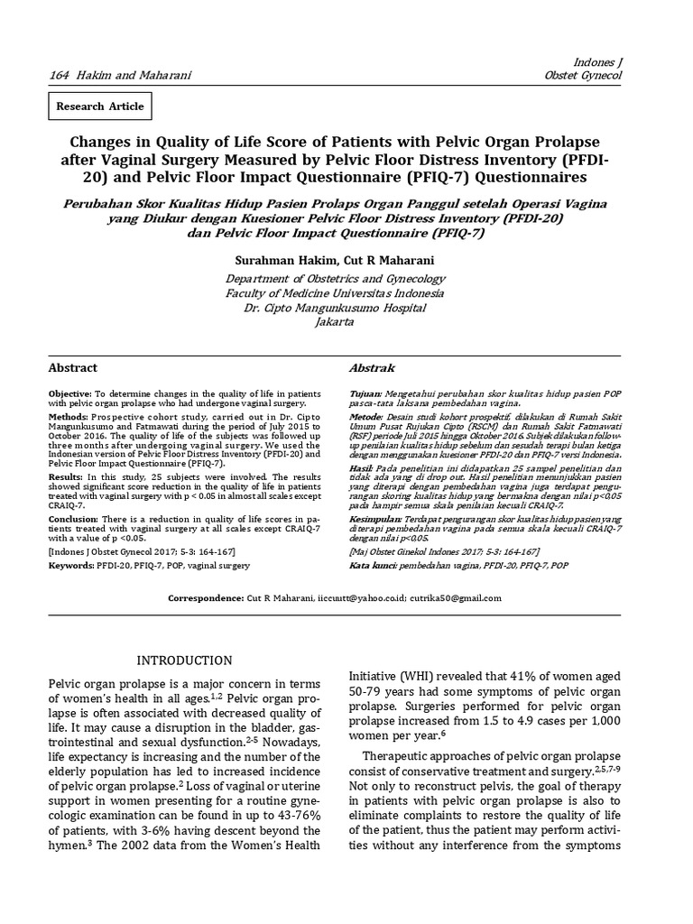 Changes in Quality of Life Score of Patients with Pelvic Organ Prolapse ...