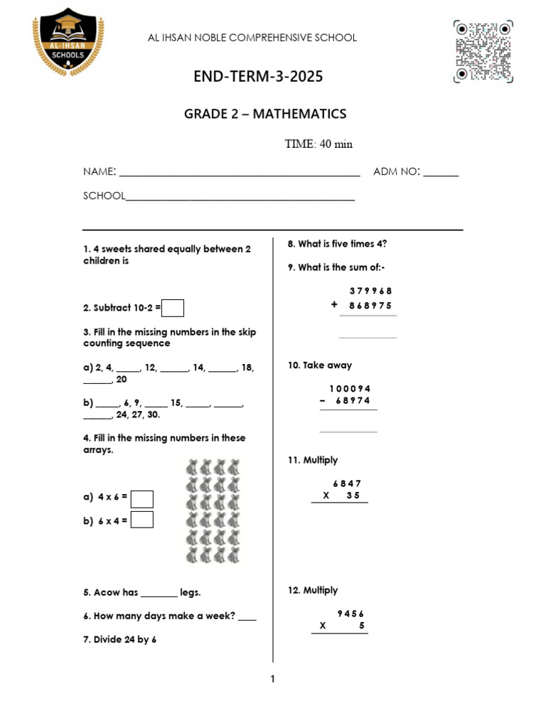 Math Grade 2 End Term 2 | PDF | Chess Theory | Chess
