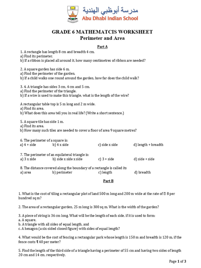 GR 6 Math Ws Perimeter and Area | PDF | Area | Length