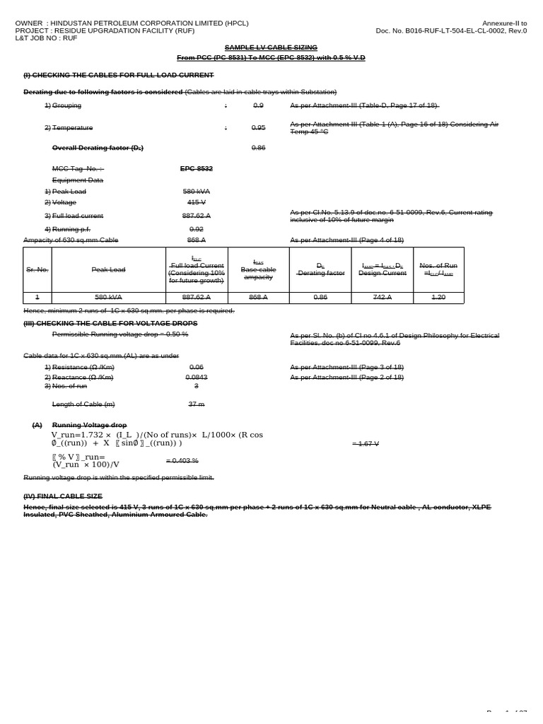 LV Cable Sizing for HPCL Project | PDF | Electrical Resistivity And ...