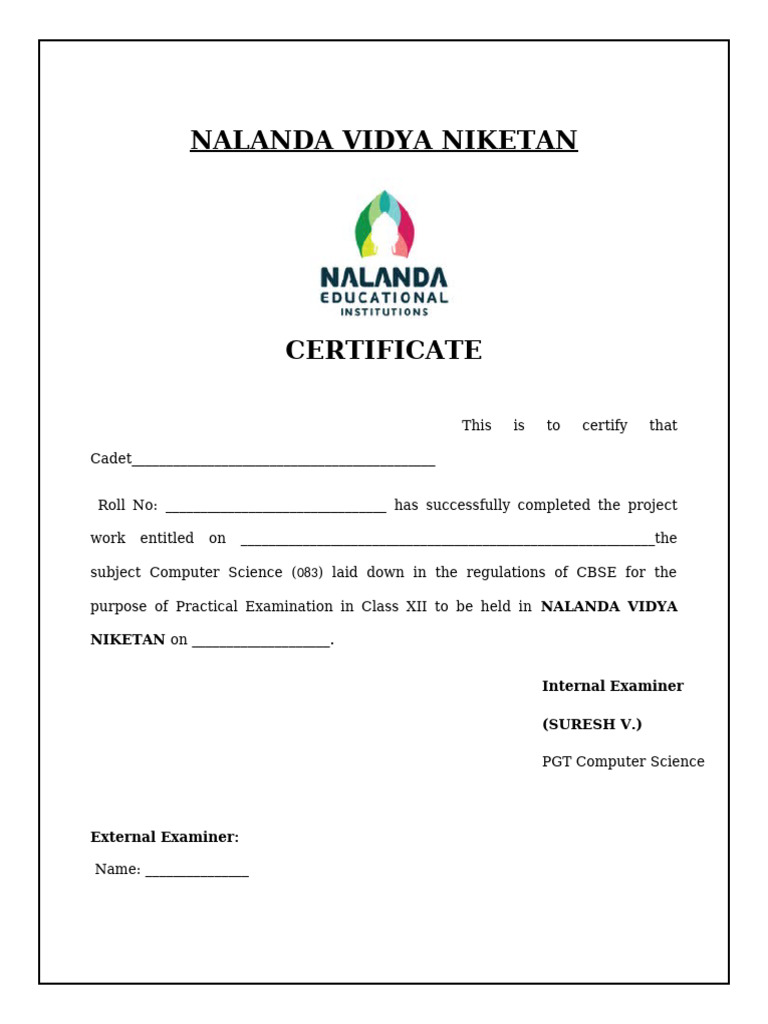 Computer Science Project Certificate Page | PDF