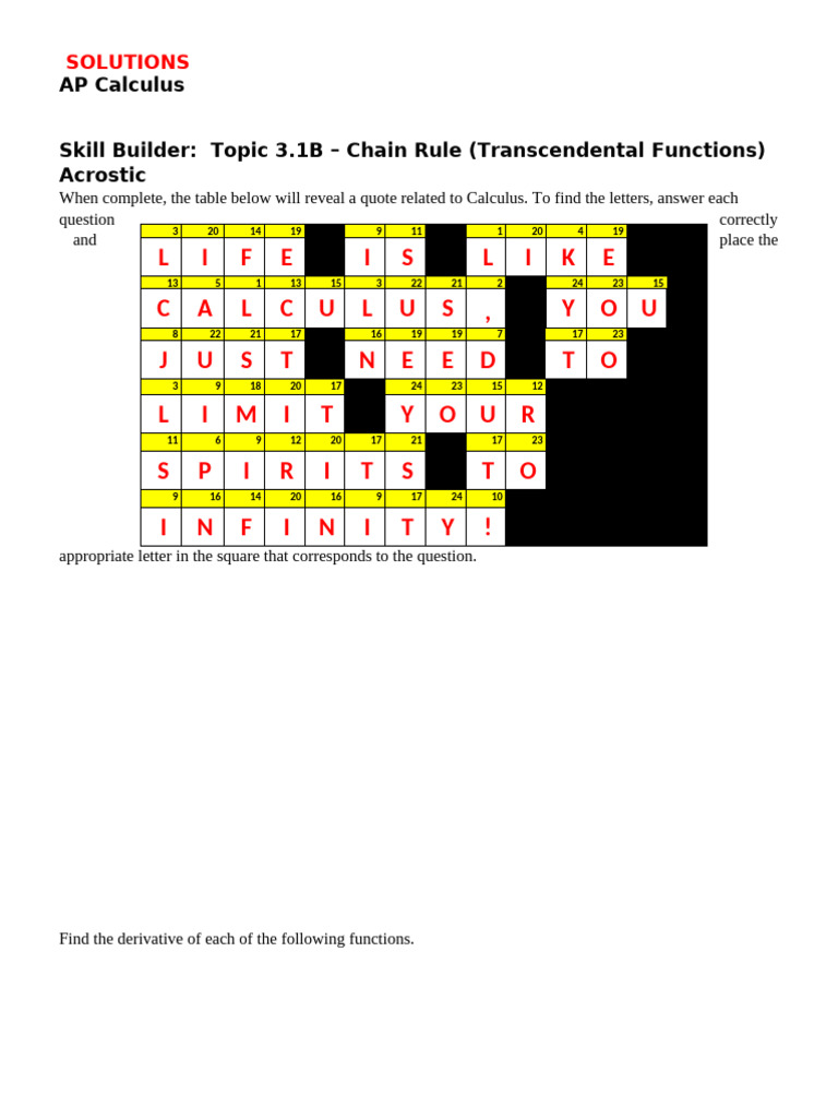 Topic 3.1B - Chain Rule (Transcendentals Acrostic) - SOLUTIONS | PDF ...