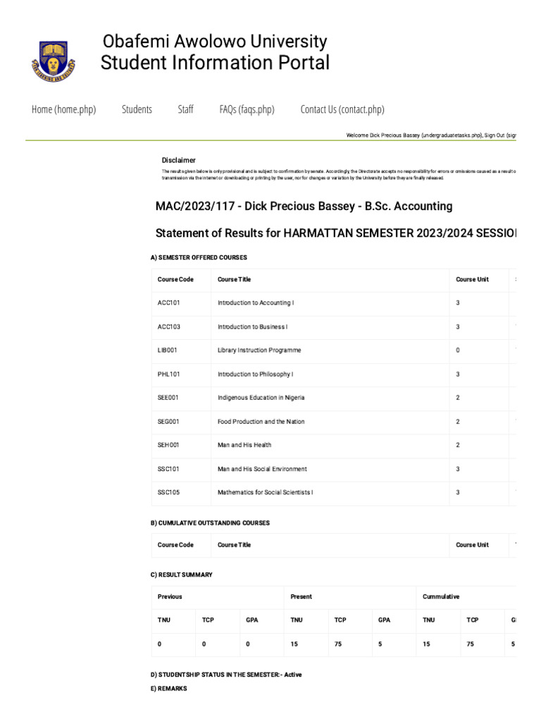 Obafemi Awolowo University - Result Check Part One First Semester ...