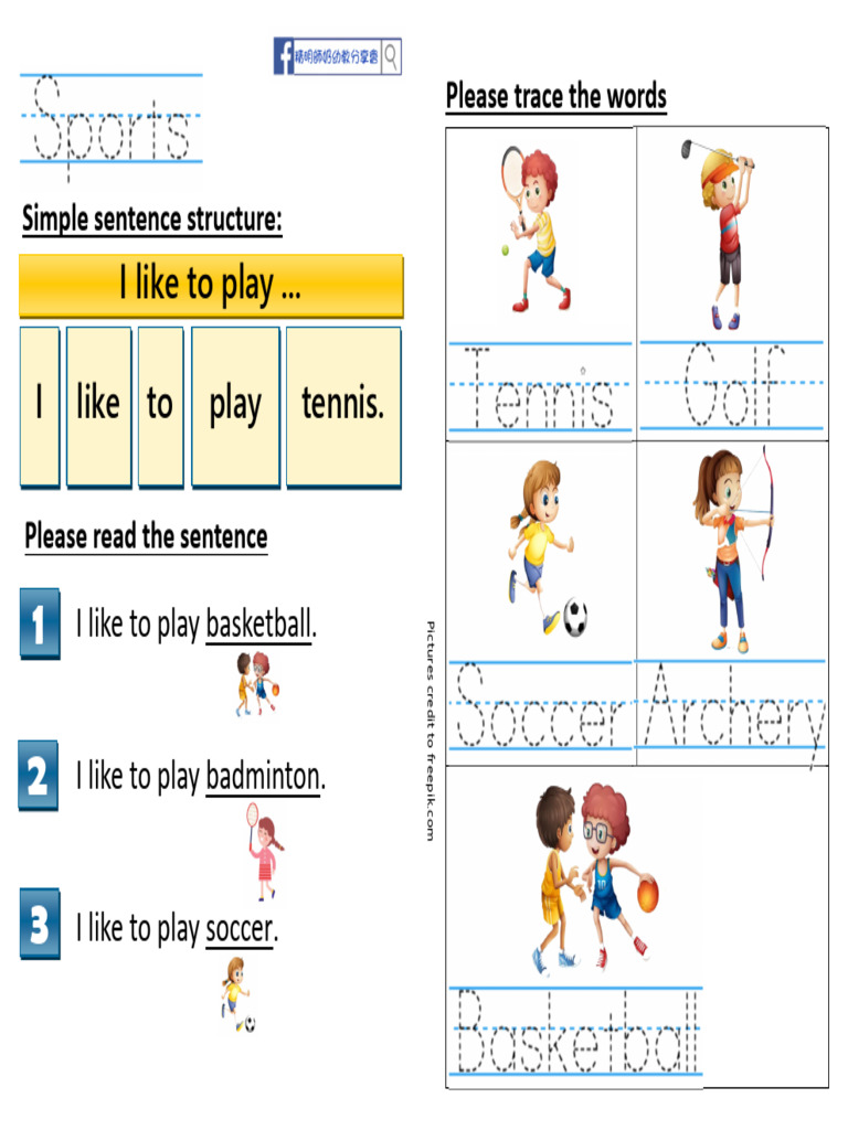 English Simple Sentence (2) - Sports - I Like To Play... | PDF