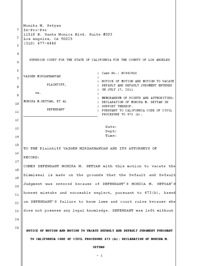 Mirzhakhanyan v. Setyan, Motion To Set Aside Dafault | PDF | Default Judgment | Legal Communication