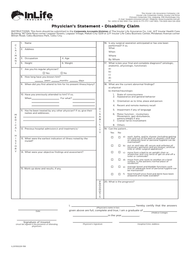 Disability Claim Physician's Statement Form | PDF | Human Diseases And ...