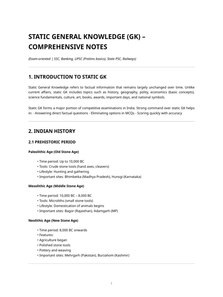 Static Gk Comprehensive Notes | PDF
