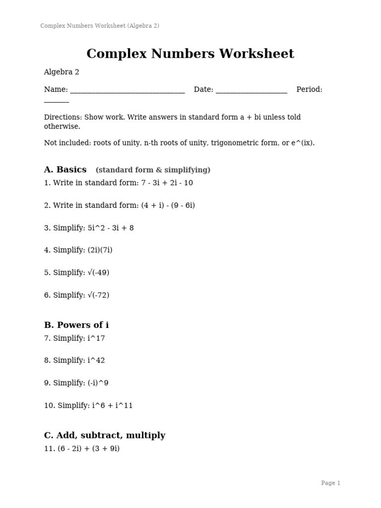 Complex Numbers Practice Worksheet | PDF | Complex Number | Quadratic ...