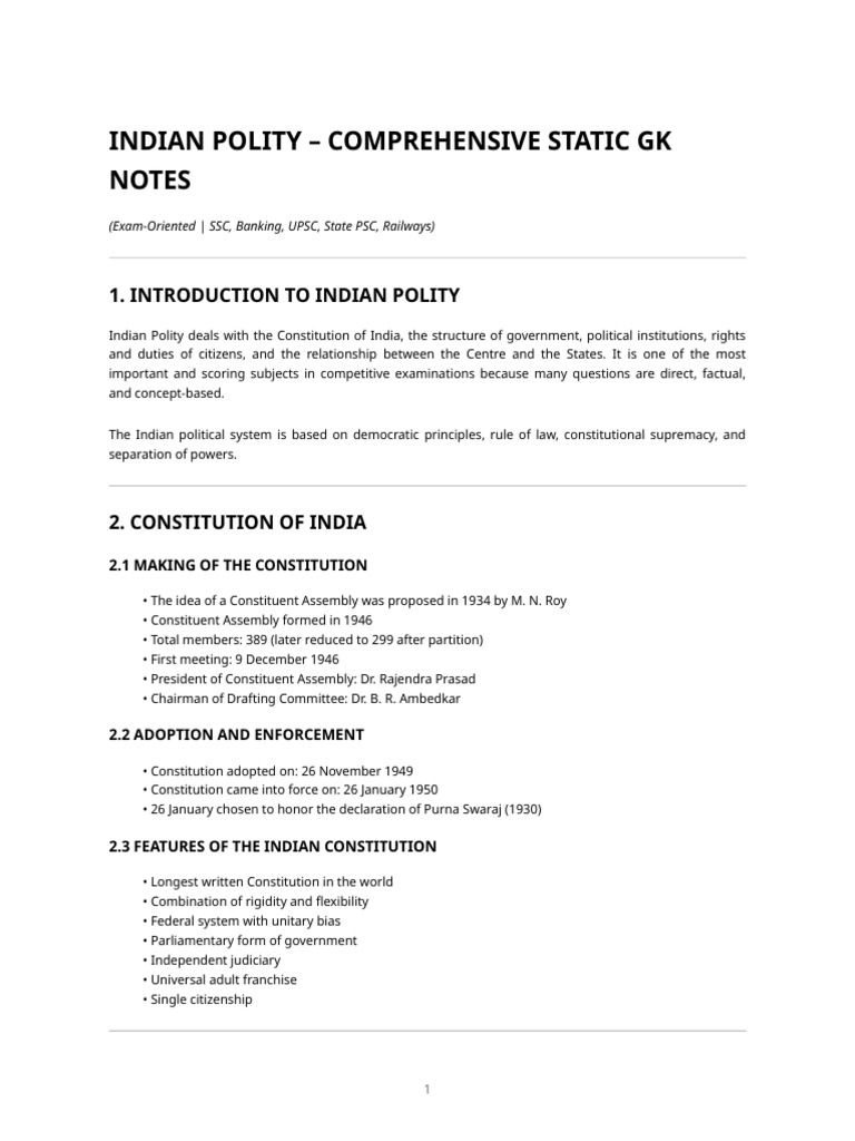 Indian Polity Static GK Notes for Exams | PDF | Political Charters ...