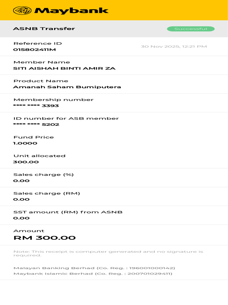 ASNB Transfer Receipt for Siti Aishah | PDF