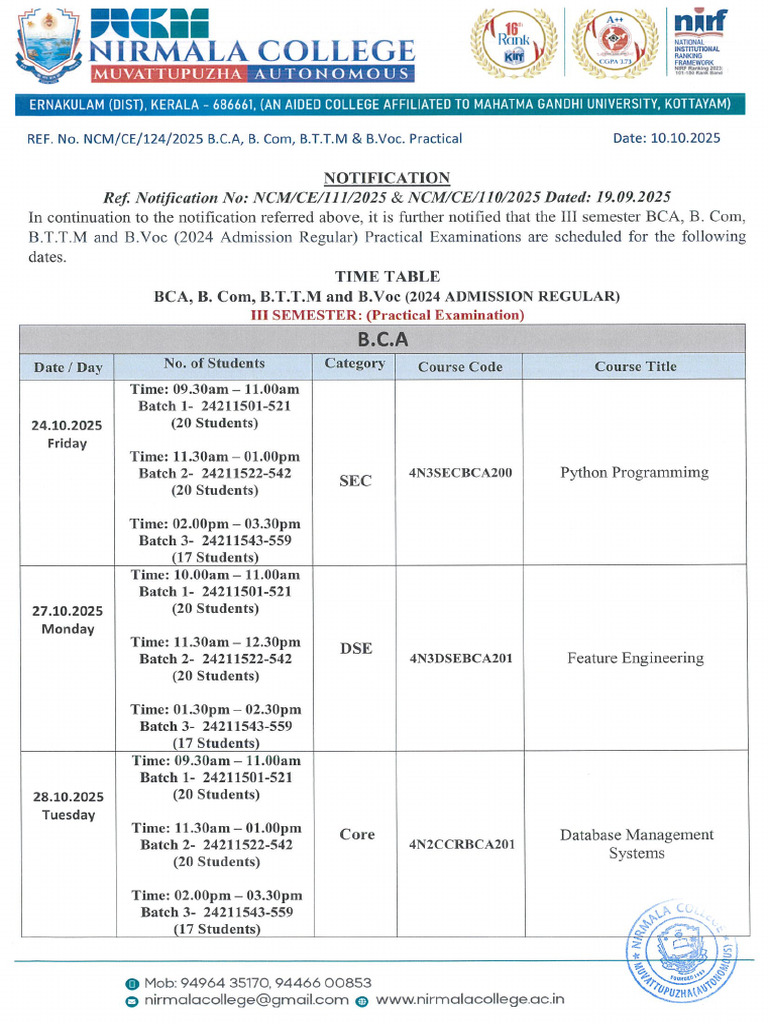 Practical Time Table BCA, B.com, BTTM and B.voc Sem III October 2025 | PDF
