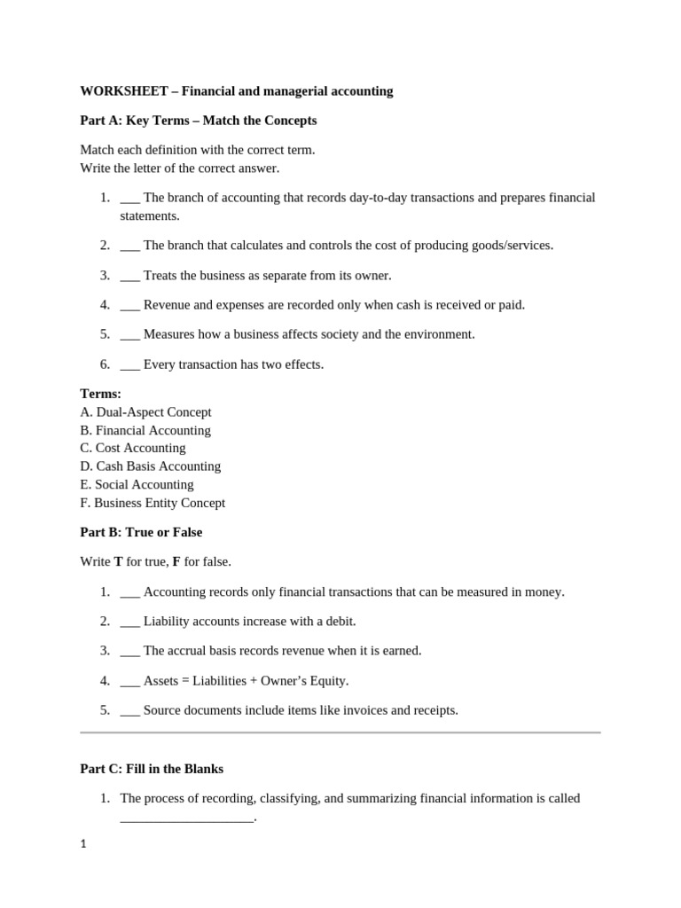 Accounting Concepts and Exercises Worksheet | PDF | Debits And Credits ...