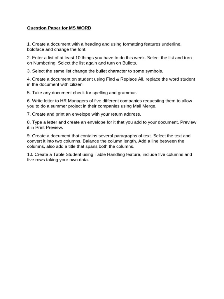 MS Word Skills Practice Question Paper | PDF