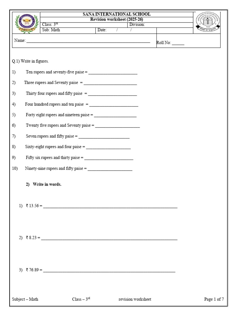 3rd Grade Math Revision Worksheet | PDF | Rupee