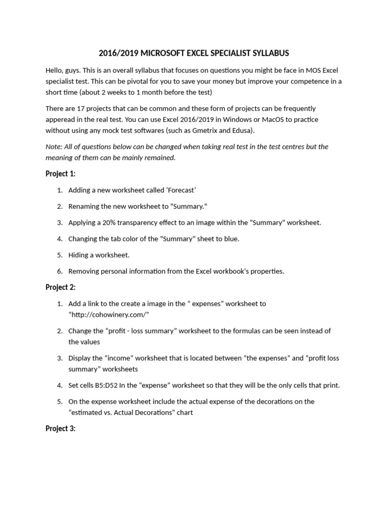 2019 Microsoft Excel Specialist Syllabus | PDF | Microsoft Excel ...
