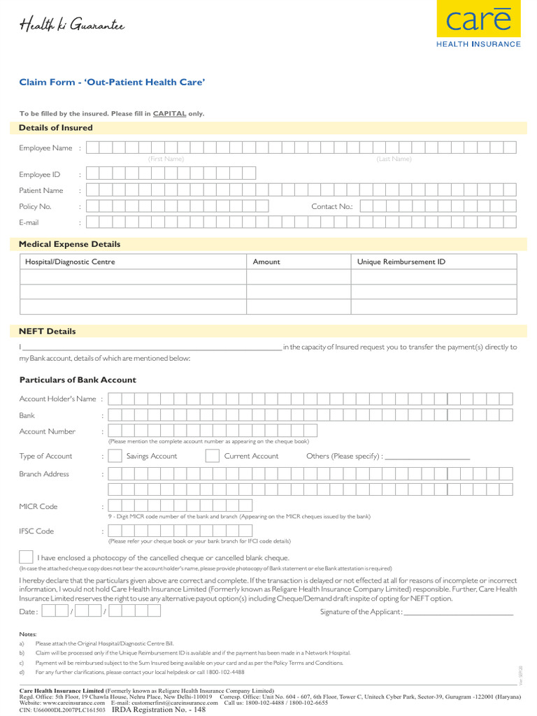 Out-Patient Health Care Claim Form | PDF | Cheque | Banking