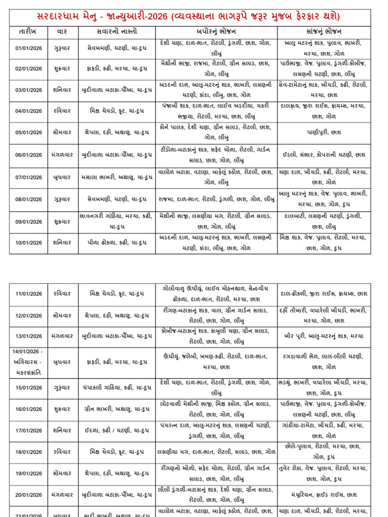 SD Menu - January - 26 | PDF