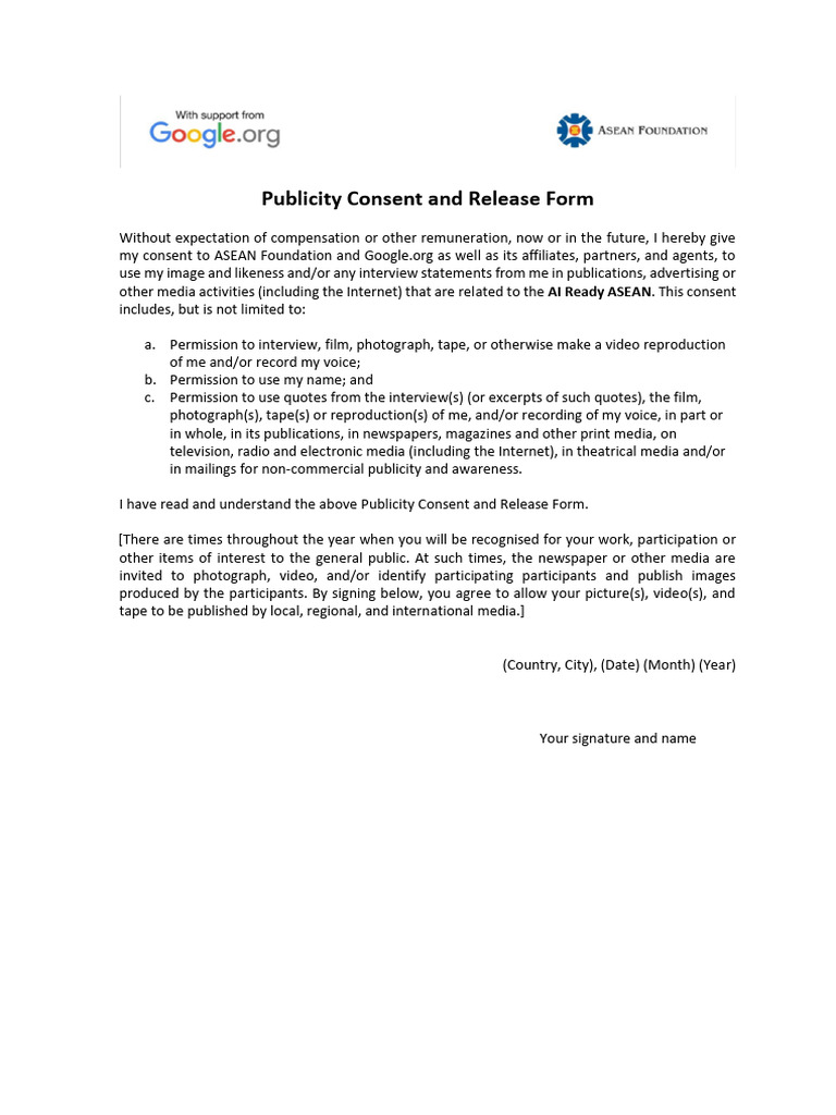 Publicity Consent and Release Form AI Ready - English | PDF