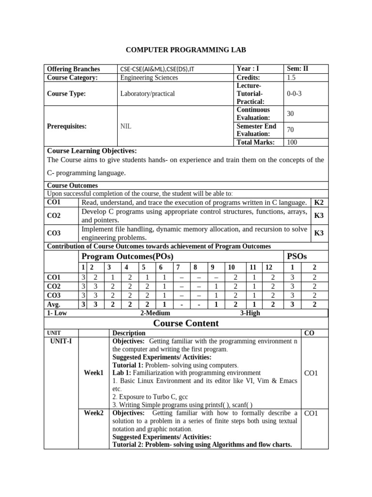 C Programming Lab Course Overview | PDF | Computer Programming ...