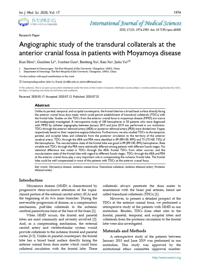 Angiographic Study of The Transdural Collaterals at The | PDF ...